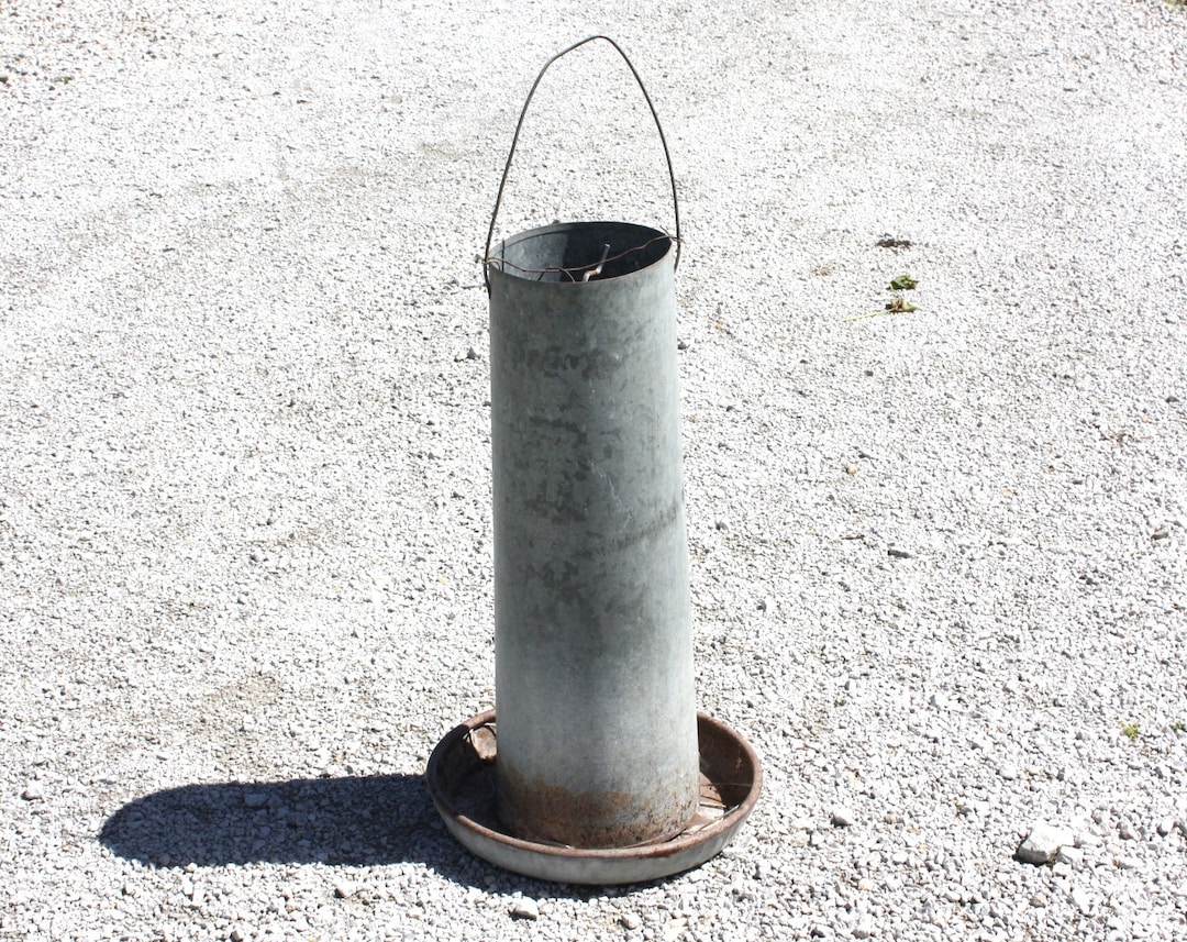 Vintage Galvanized Metal Chicken Feeder Waterer Tall Large Tube Round ...