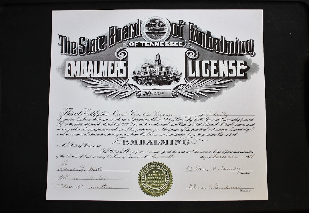 Vintage Embalmers License 1958 Mortician Funeral Home Embalming ...