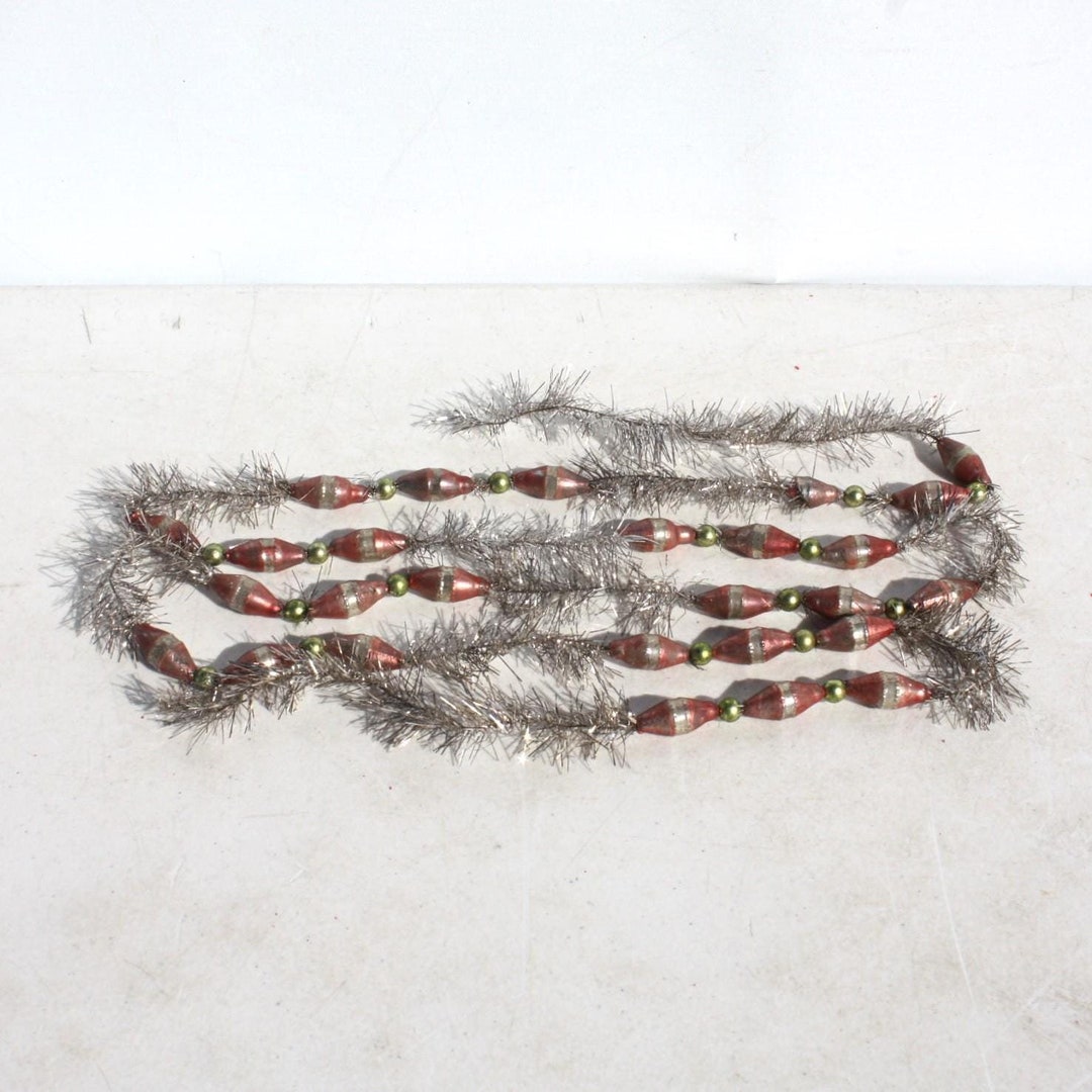 Vintage Style Tinsel Glass Bead Garland Strand Ornaments Rust & Green ...