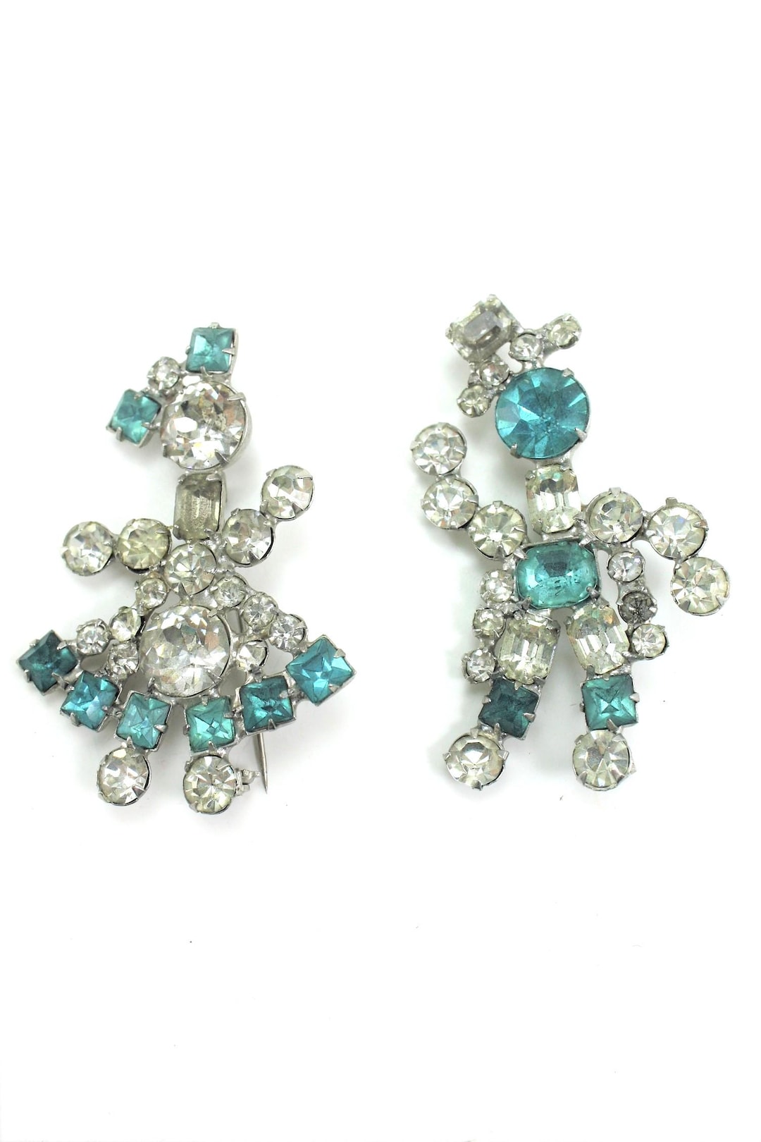 Vintage Brooch Pin Boy & Girl Children Set Aqua Clear Rhinestones ...