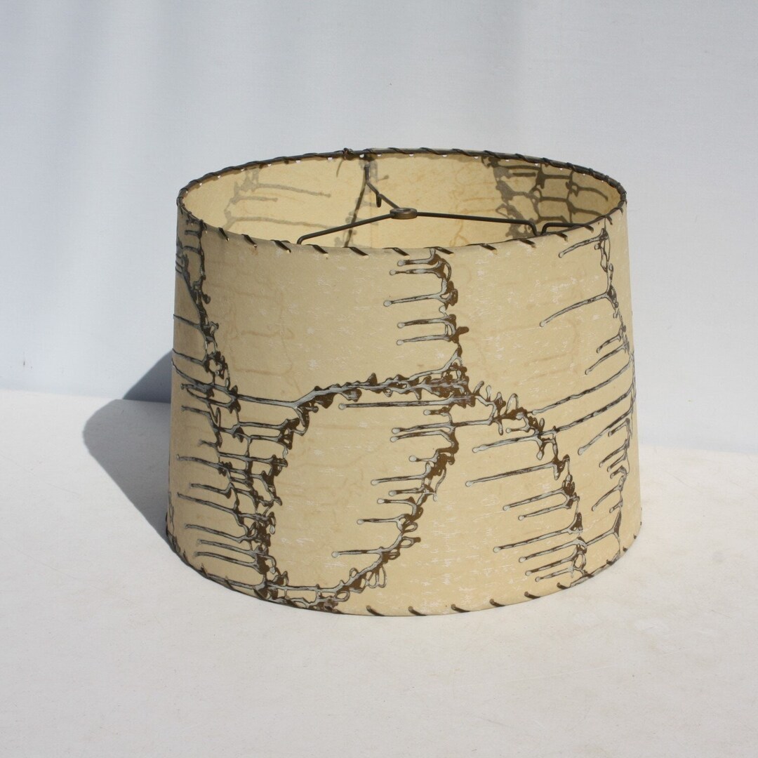 Vintage Parchment Drum Lamp Shade Tan White Drip Design Whip Stitch Mid ...