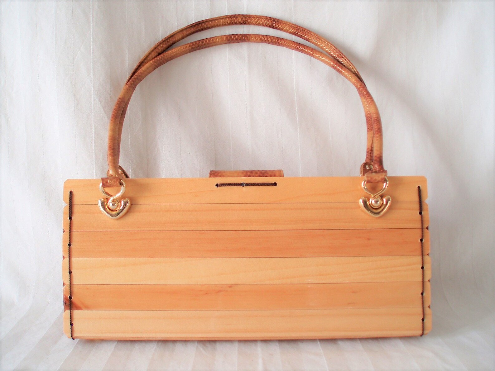 Handcrafted Wood and Leather Purse - Natural Wood and Golden Snake ...