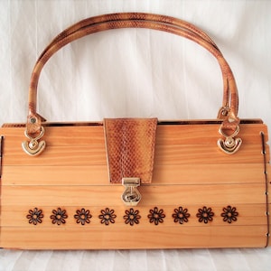 Handcrafted Wood and Leather Purse - Natural Wood and Golden Snake ...
