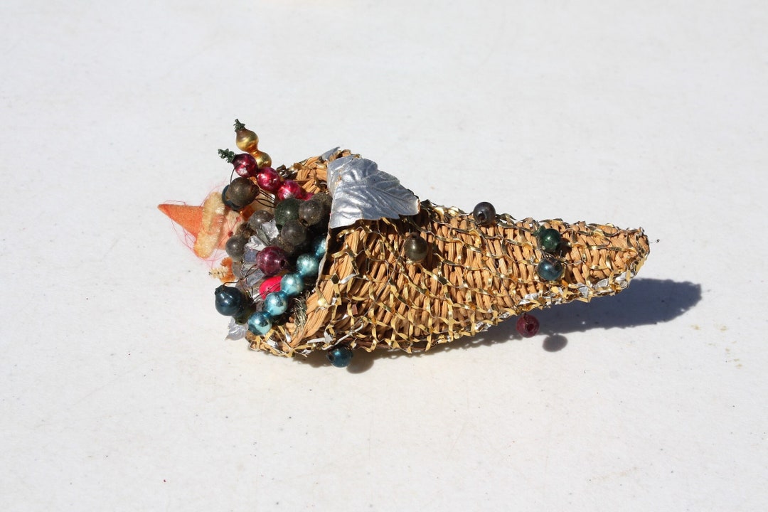 Vintage Wire Mesh Cornucopia Mercury Glass Bead Spun Cotton Santa ...