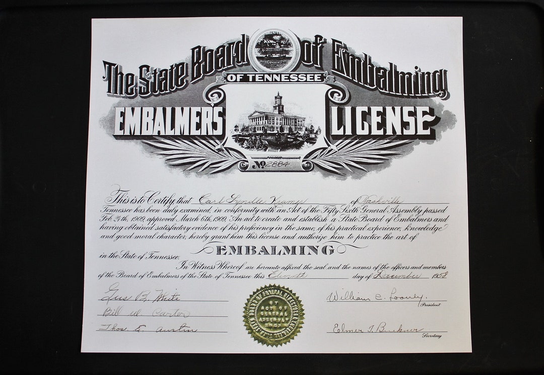 Vintage Embalmers License 1958 Mortician Funeral Home - Etsy
