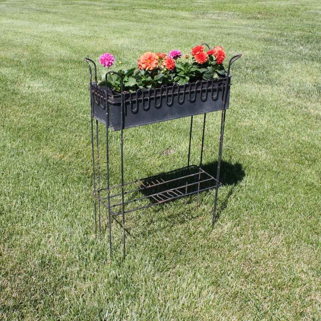 Vintage Plant Stand Flower Planter Box Metal Wire Rectangular Black 2 ...