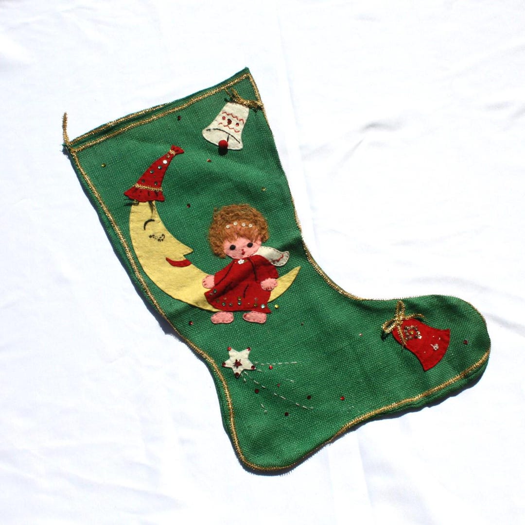Vintage Jumbo Christmas Stocking Green Burlap Felt Angel & Crescent ...