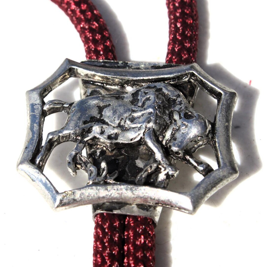 Vintage Western Bolo String Tie Ceramic Silver Bull Buffalo Groom ...