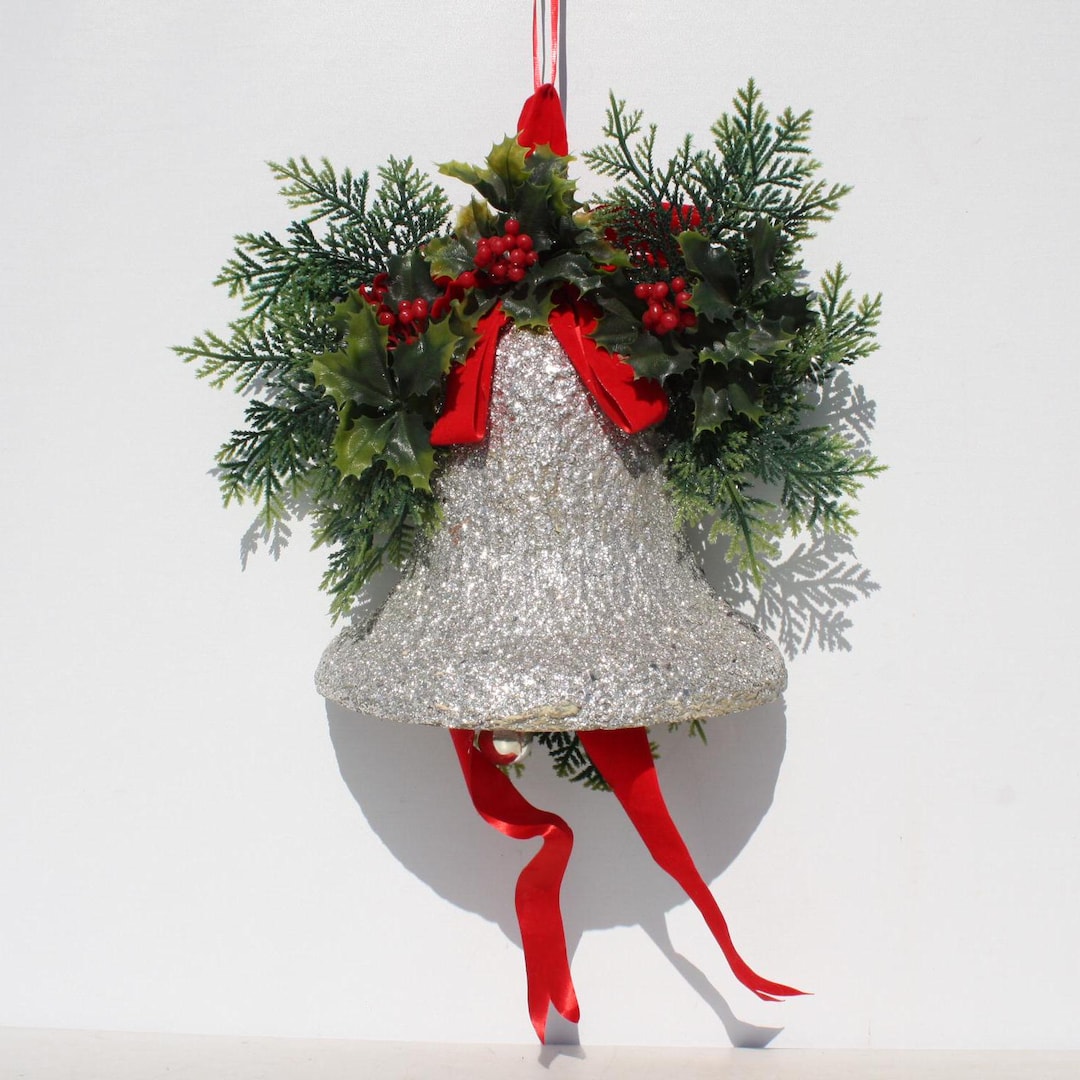 Vintage Christmas Bells Door Wall Decor Silver Glitter Paper Mache ...