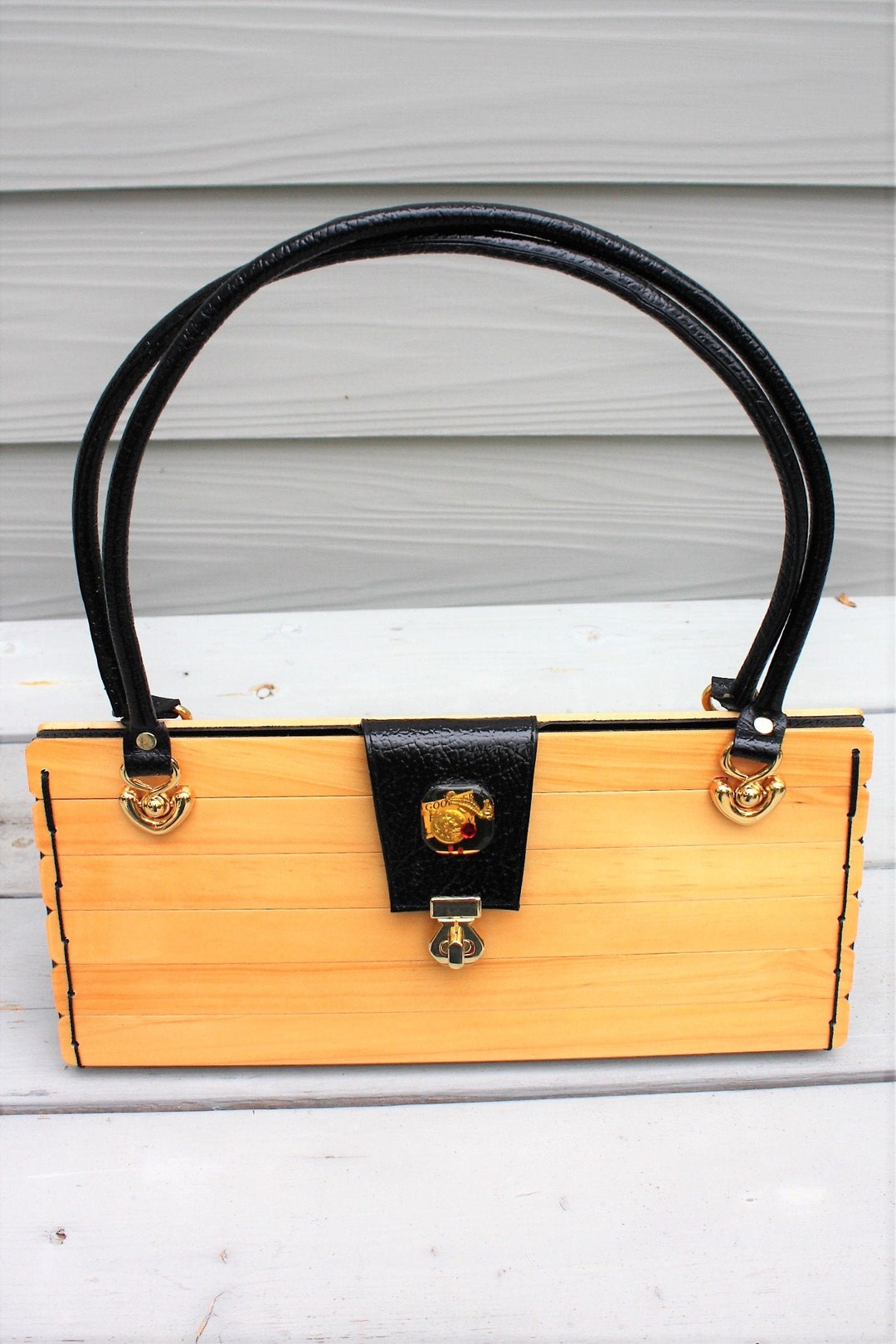 Handcrafted Wood and Leather Purse Natural Wood and Black Leather ...