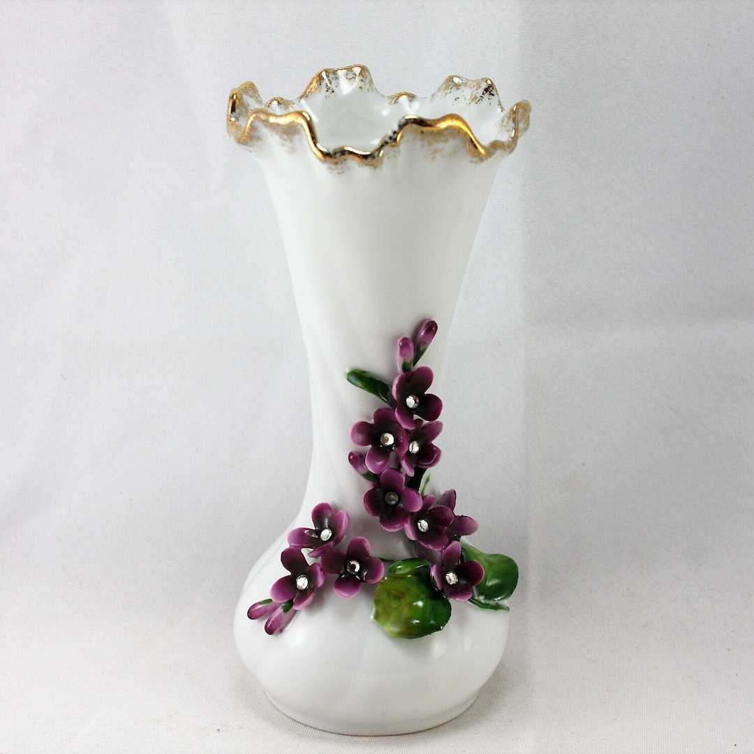 Vintage Lefton China Porcelain Vase White Purple Violets With ...