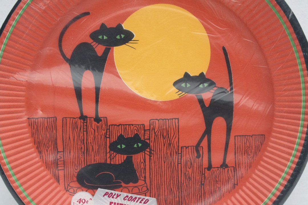 Vintage Halloween Paper Plates Mod Black Alley Cats Original - Etsy
