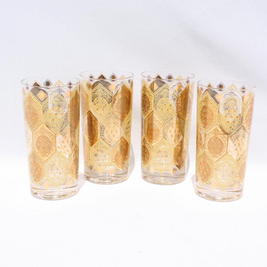 Vintage Ned Harris Cera Gold Pineapple Glasses Tumblers Cocktail Tom ...