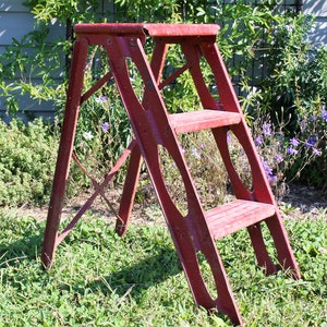 Vintage Metal Folding Step Stool Ladder Plant Stand Small 3-step Red ...