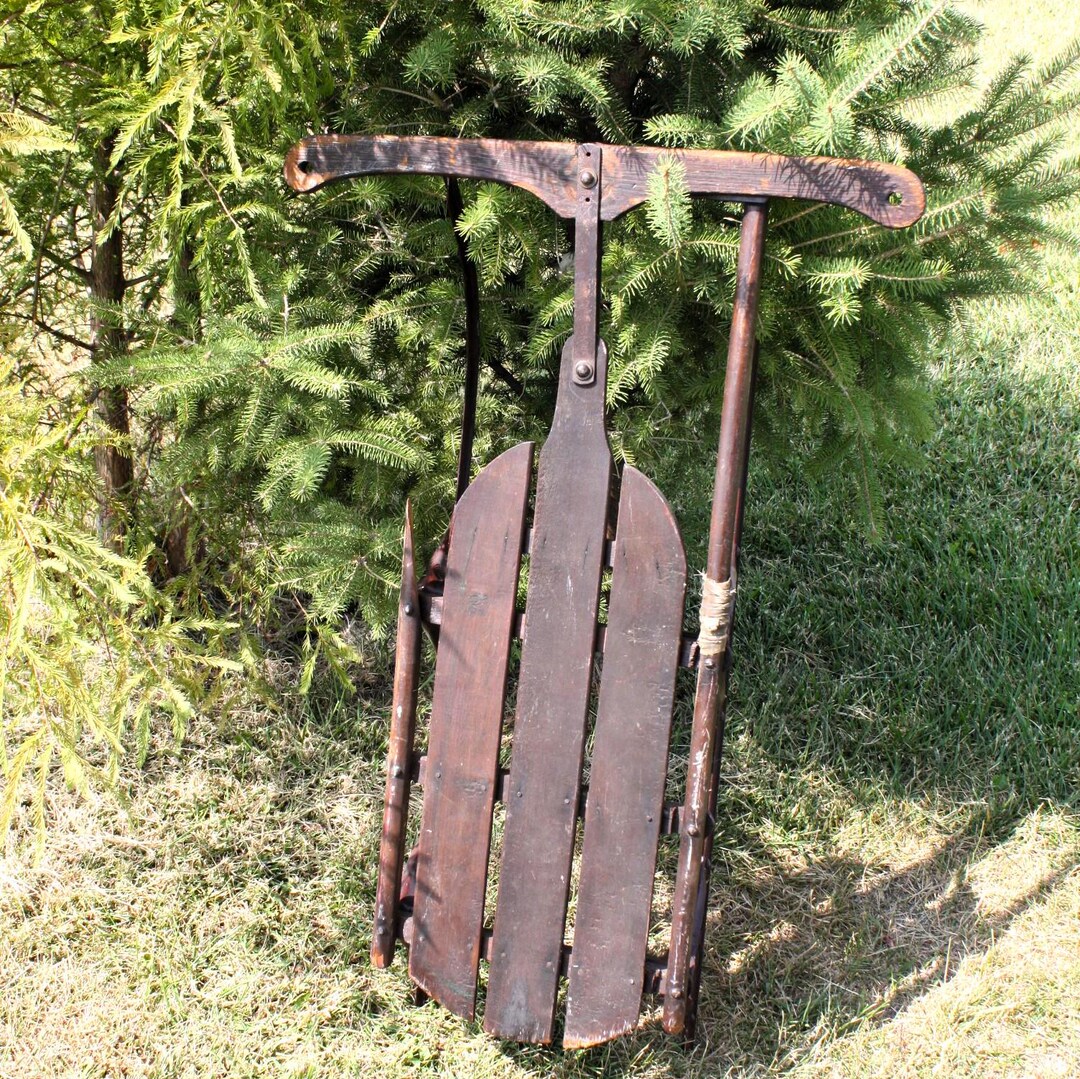 Vintage Snow Sled Sleigh Wood Wooden Pull Sled Antique Brown Christmas ...