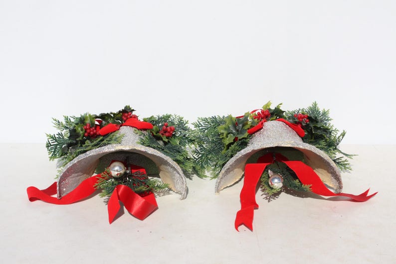Vintage Christmas Bells Door Wall Decor Silver Glitter Paper Mache ...