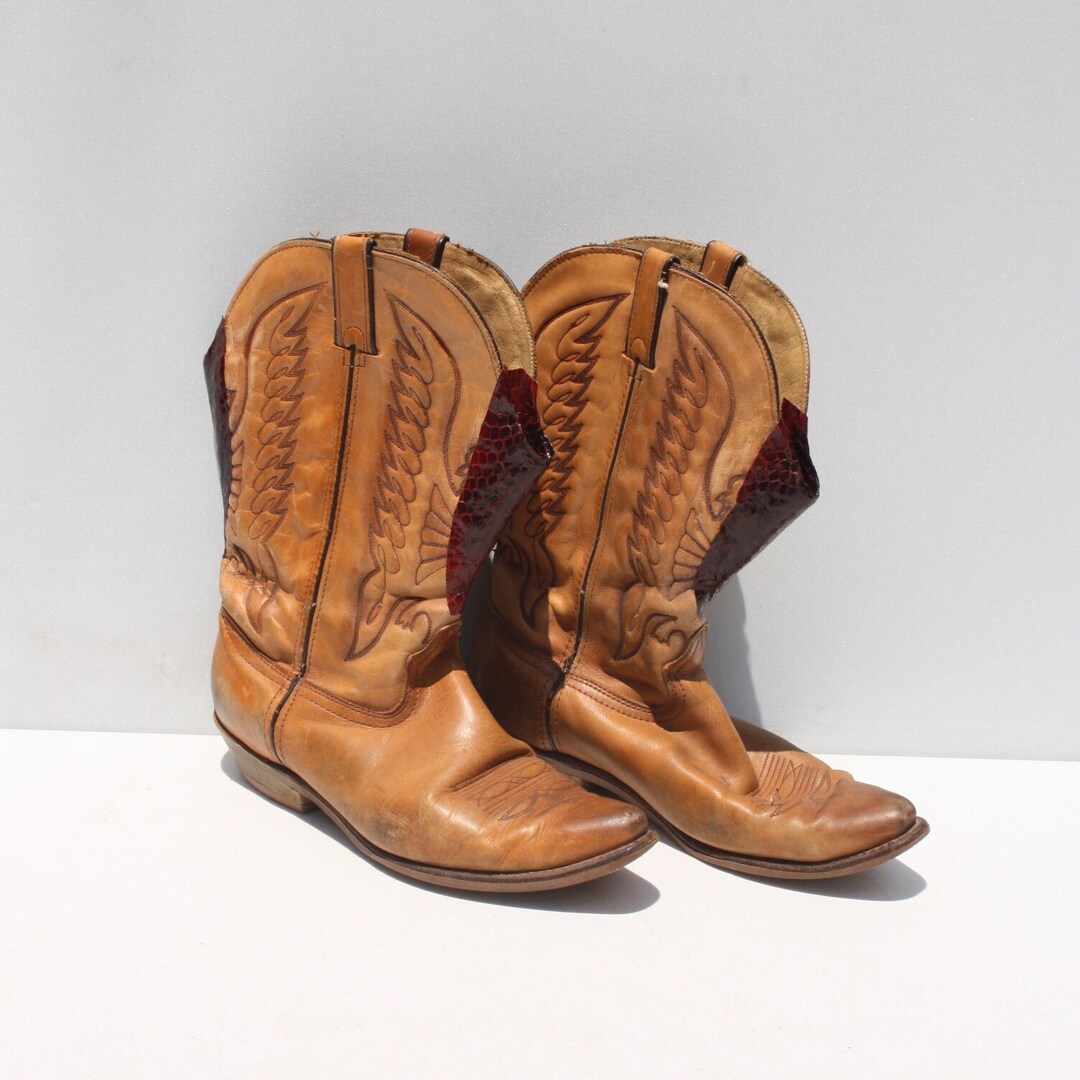 Vintage Cowboy Cowgirl Boots Two Tone Light Honey Tan Leather Burgundy ...