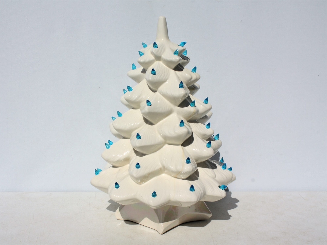 Vintage Ceramic Christmas Tabletop Tree 2 Pc White Iridescent Light up ...