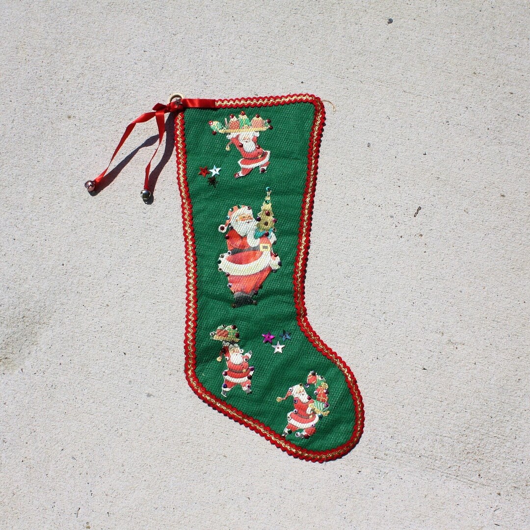 Vintage Christmas Stocking Green Felt Tulle Santa Claus Cut Outs ...