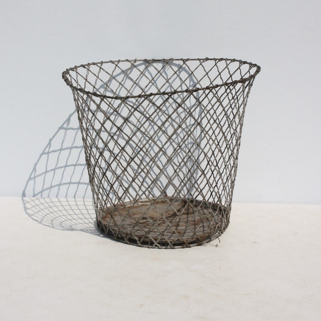 Vintage Metal Wire Mesh Waste Paper Basket Trash Can Bin Double Cross ...