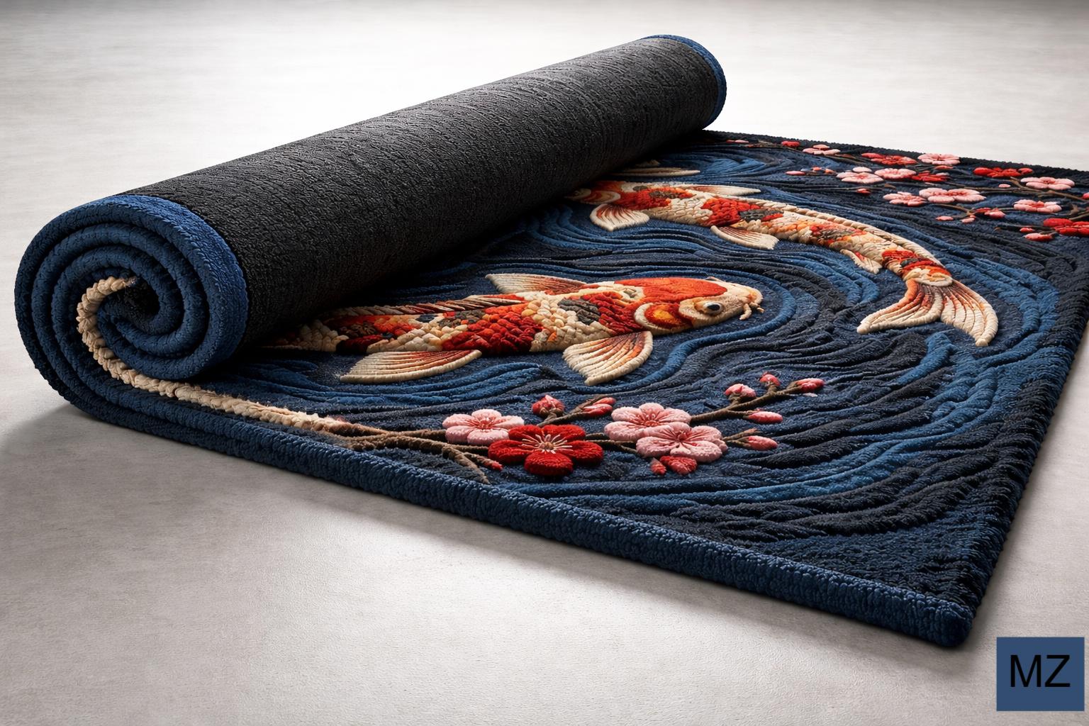 Hand Tufted Wool Koi Fish Rug | Japanese Floral Art - Etsy