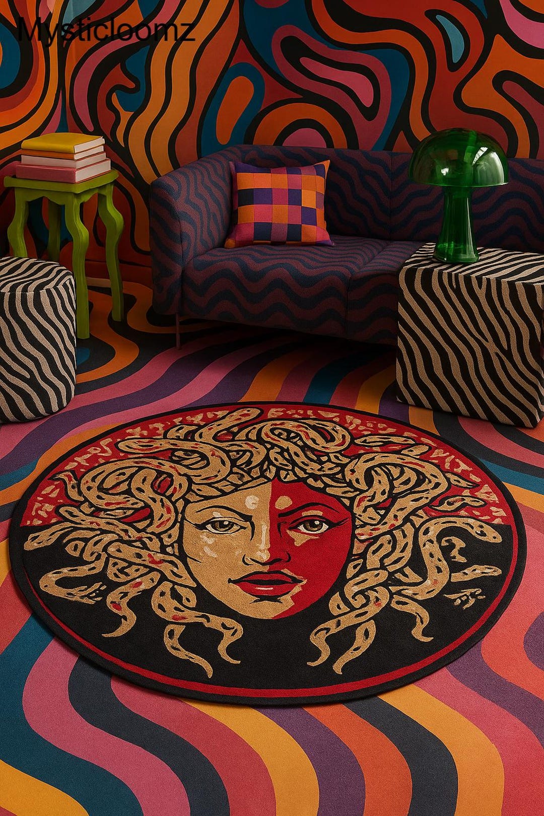 Gothic Greek Mythology Medusa Round Rug - Snake Hair Art, Red & Black ...
