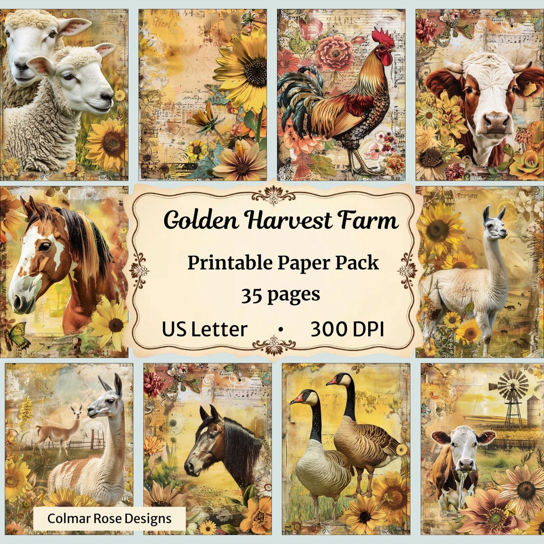 Golden Harvest Farm Printable Papers, Rustic Animals, Sunflowers ...