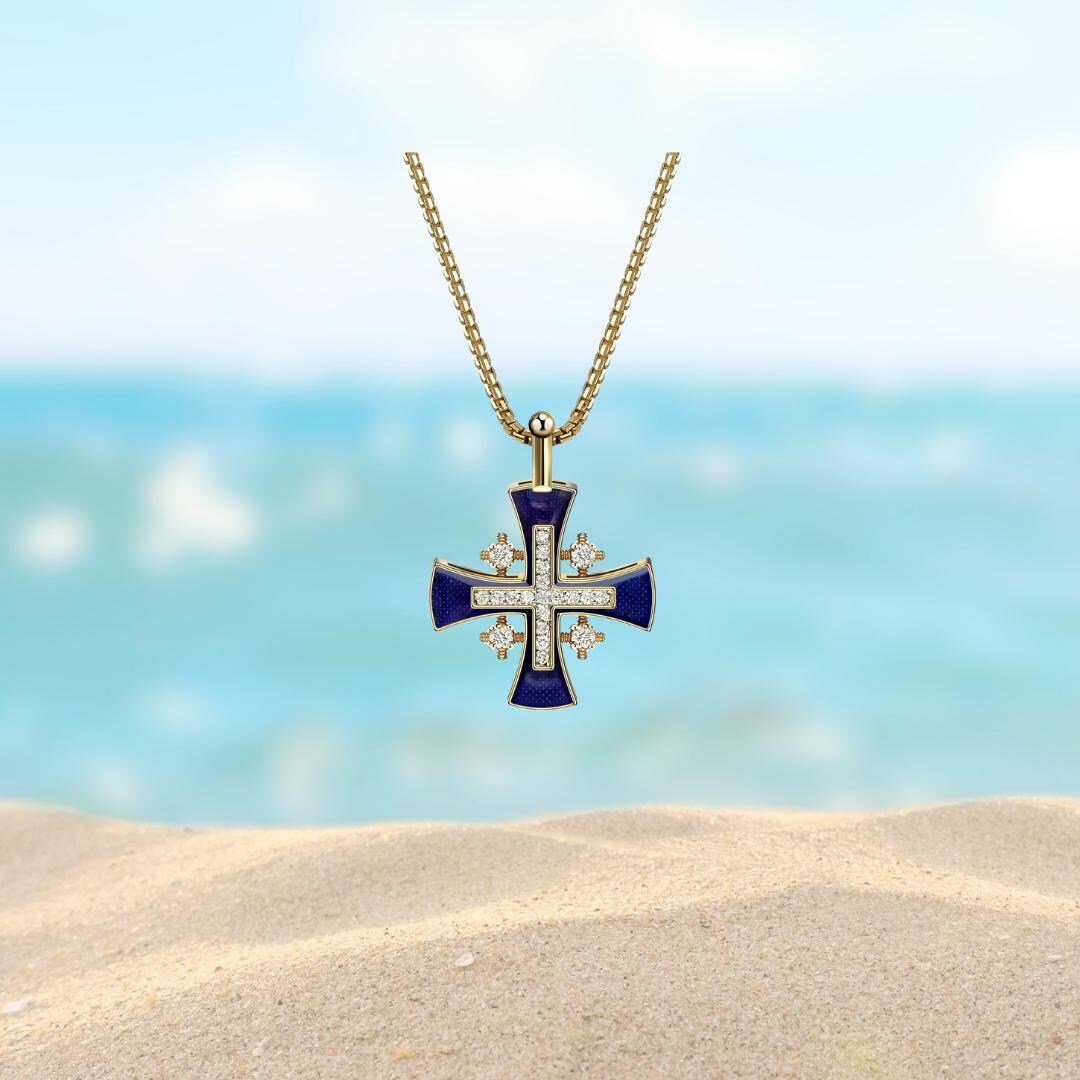 Jerusalem Cross Pendant, 14K Gold Diamonds and Enamel, Cross Necklace ...