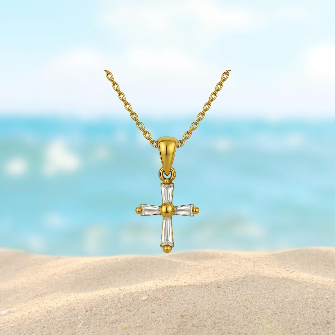 Baguette Diamonds Cross Necklace, Cross Necklace, 18k Gold Necklace ...
