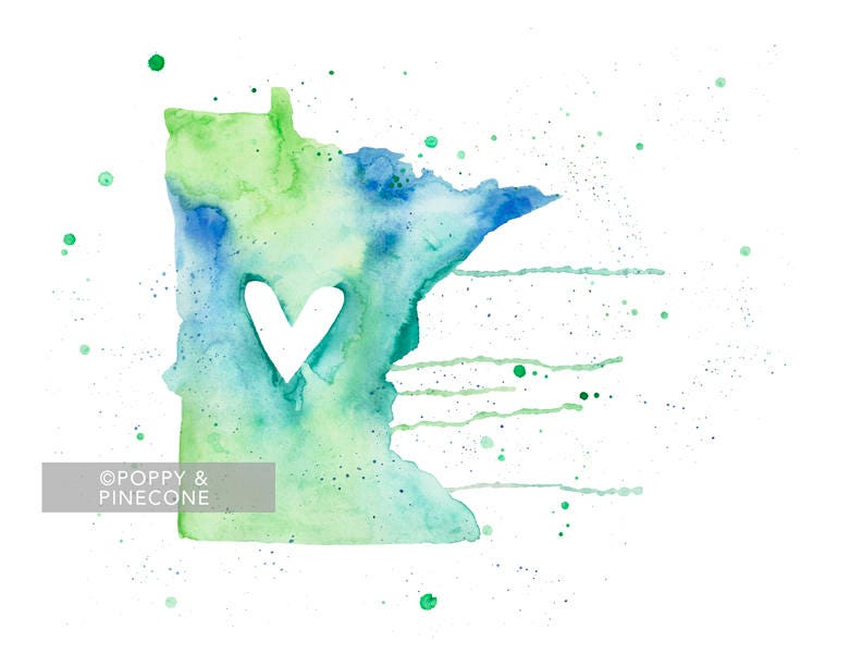 5x7 or 8.5x11 Minnesota Love / Watercolor Map Print / | Etsy