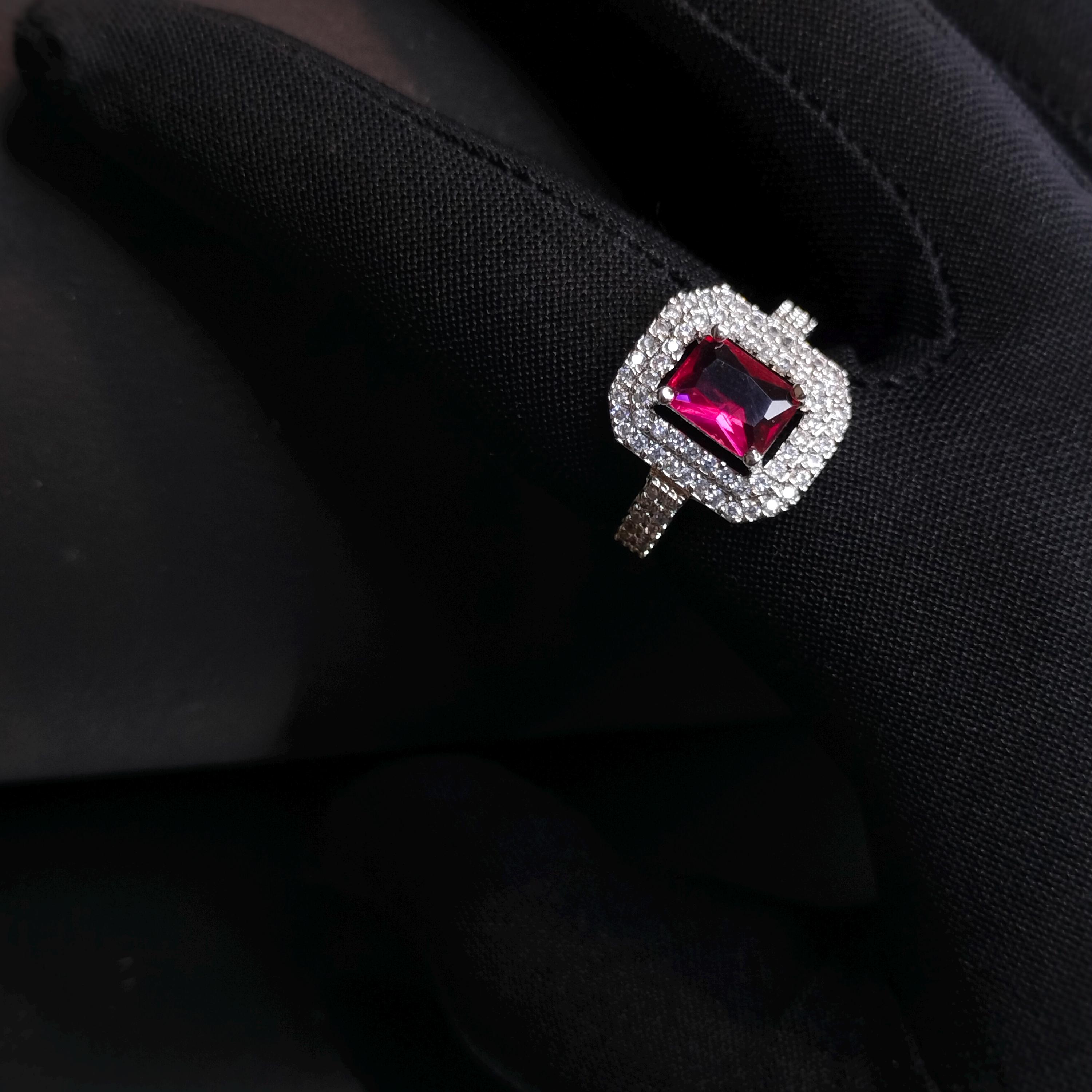 Luxury Adjustable Ruby Red American Diamond Ring | Halo Cocktail Ring ...