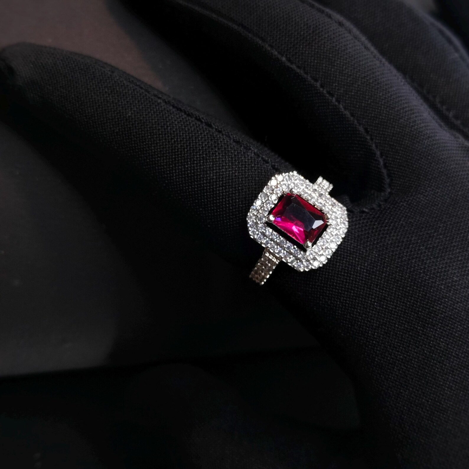 Luxury Adjustable Ruby Red American Diamond Ring | Halo Cocktail Ring ...