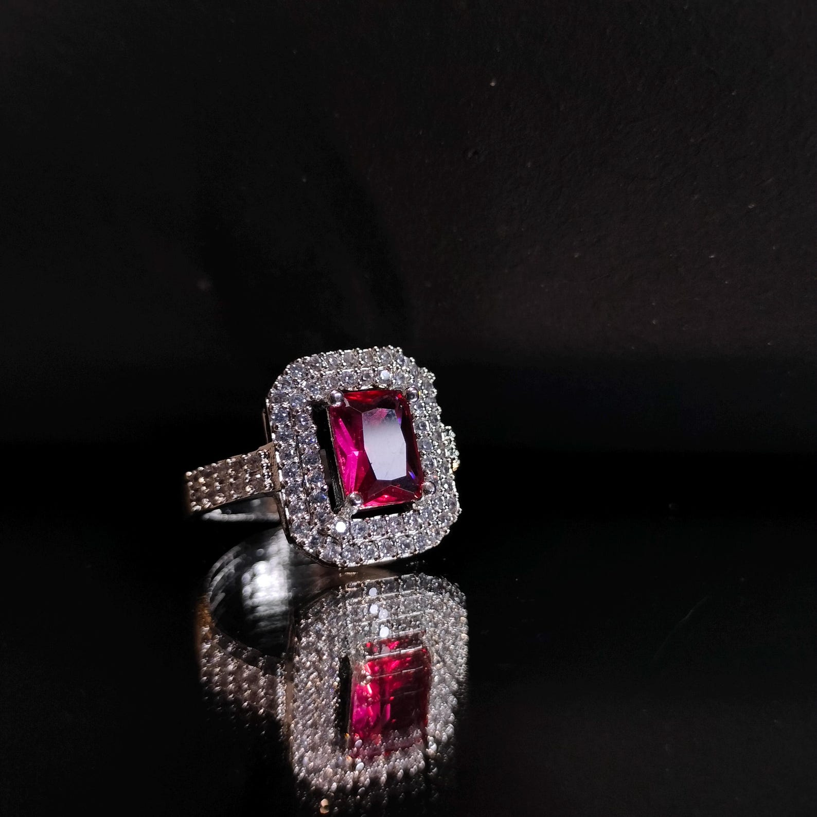 Luxury Adjustable Ruby Red American Diamond Ring | Halo Cocktail Ring ...