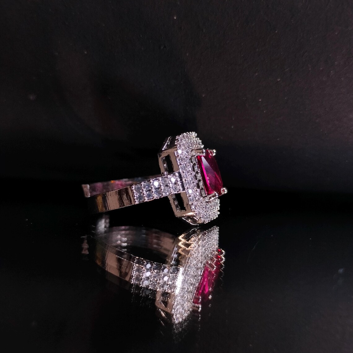 Luxury Adjustable Ruby Red American Diamond Ring | Halo Cocktail Ring ...