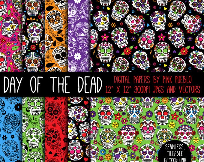 Day of the Dead Skulls Digital Paper, Day of the Dead Halloween Digital ...