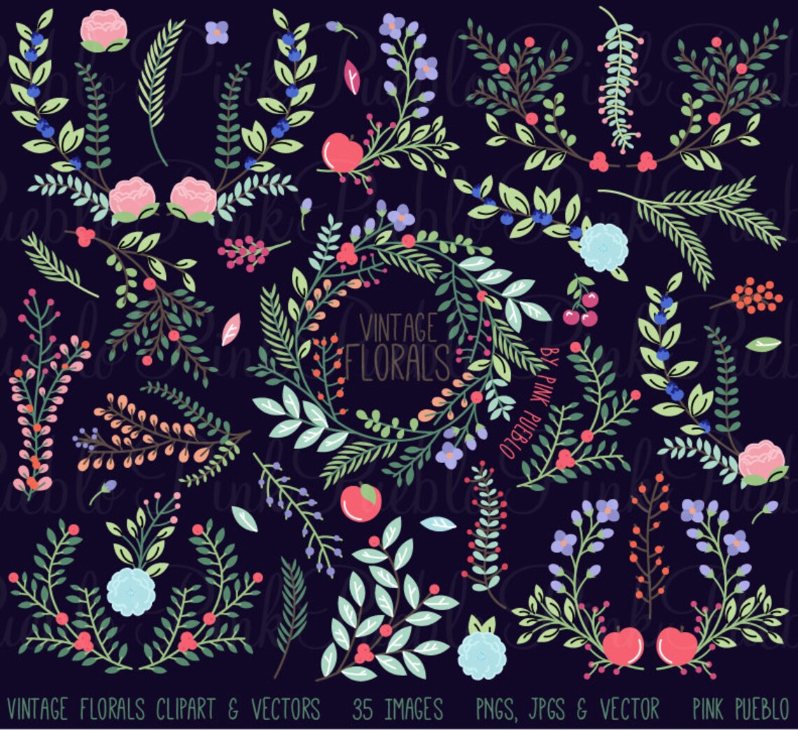 Vintage Floral Clipart Clip Art Vintage Rustic Wedding Laurel | Etsy