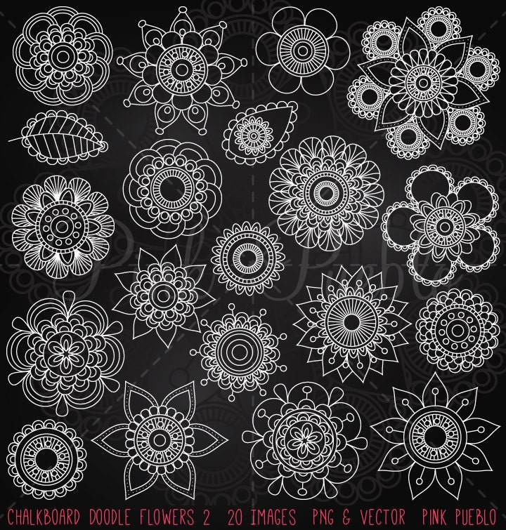 Chalkboard Doodle Flowers Clipart Clip Art 2 Chalk Doodle - Etsy