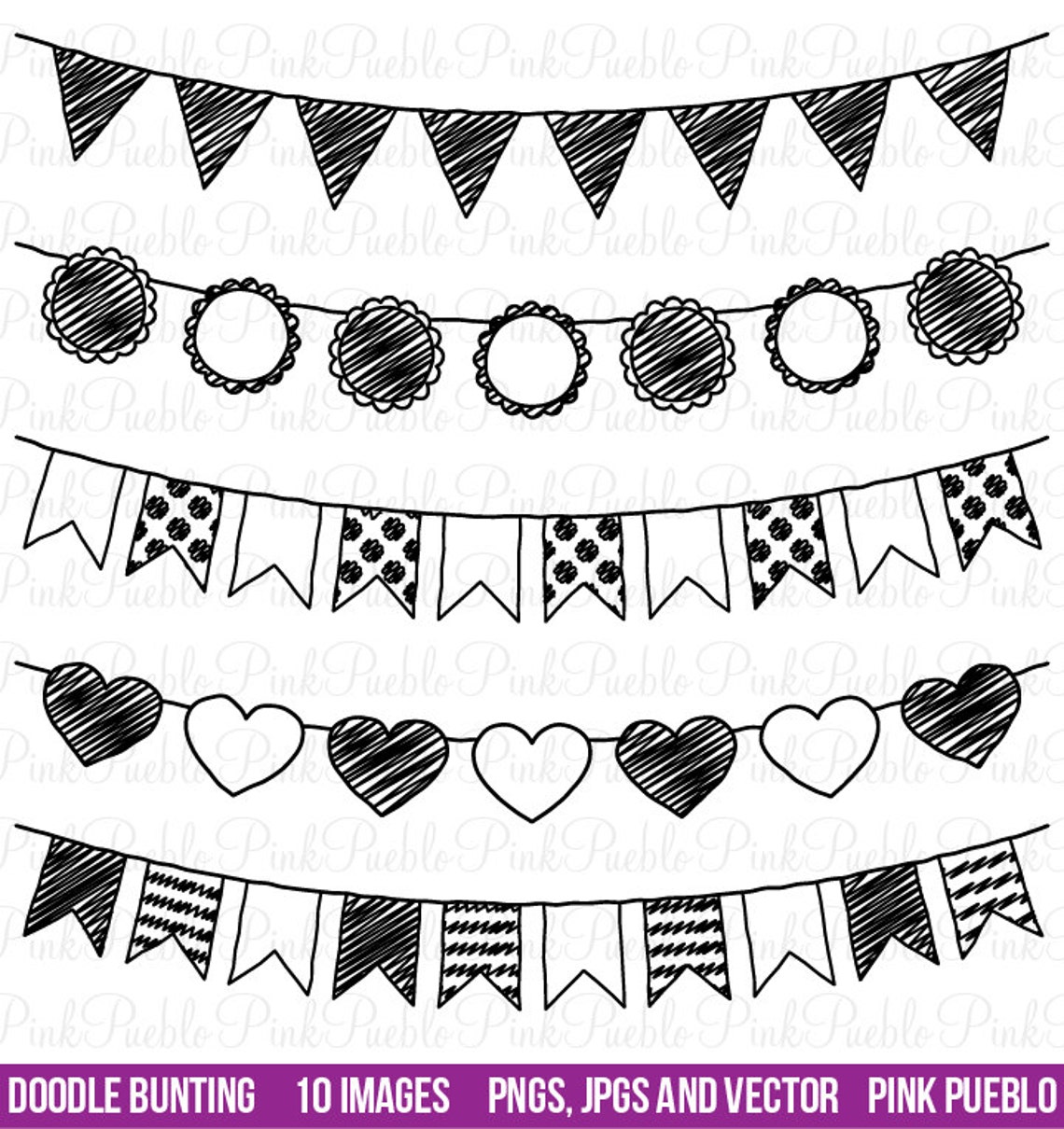 Doodle Bunting Clipart Clip Art Doodle Flags Ribbons Banners - Etsy