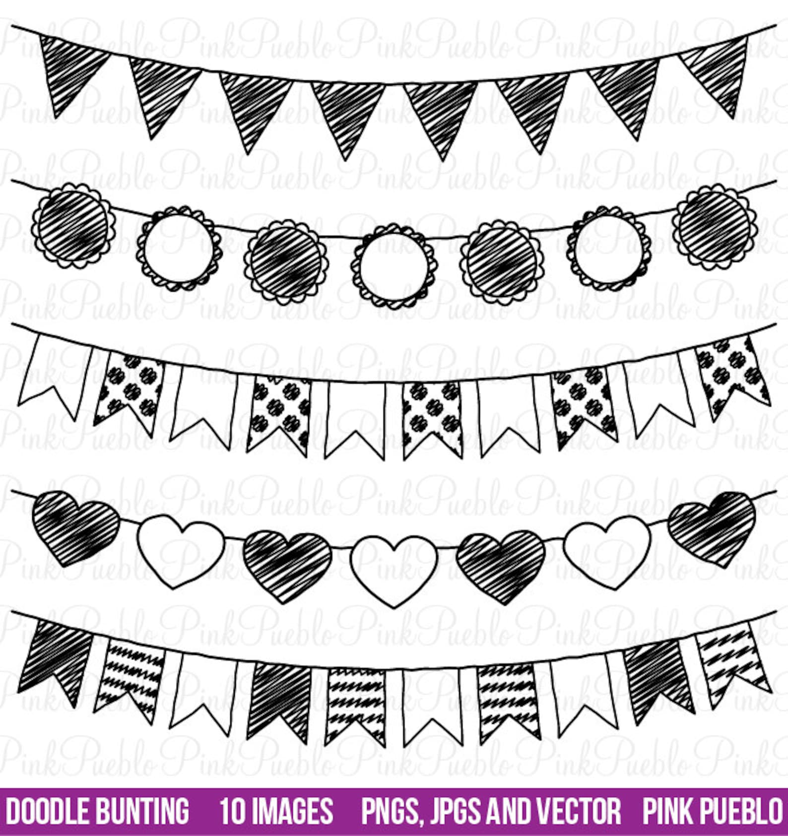 Doodle Bunting Clipart Clip Art Doodle Flags Ribbons Banners | Etsy