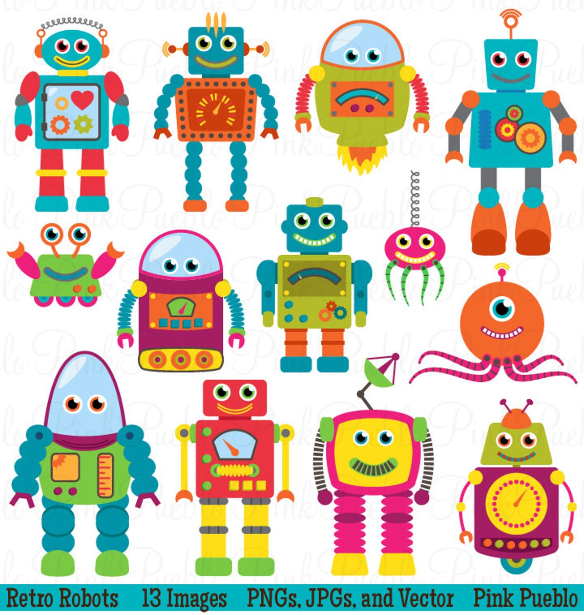 Robots Clip Art Clipart Retro Robot Party Clipart Clip Art | Etsy