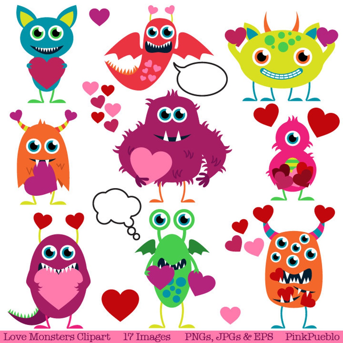 Valentine Monsters Clipart Clip Art Love Monsters Clipart - Etsy