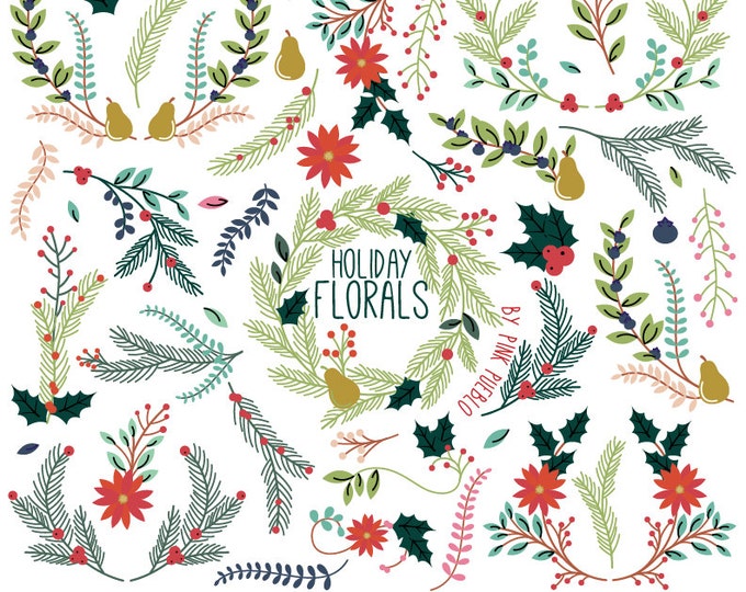 Christmas Floral Clipart Clip Art, Holiday Laurel Wreath Leaf Clip Art ...