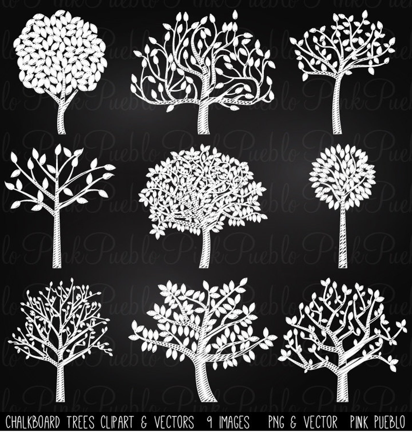 Chalkboard Tree Silhouettes Clipart Clip Art Family Tree - Etsy