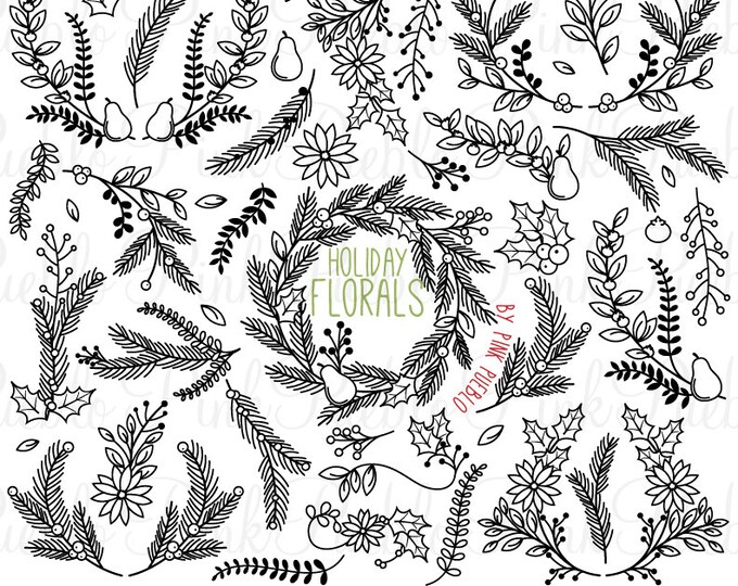 Christmas Floral Silhouettes Clipart Clip Art, Christmas Holiday Laurel ...