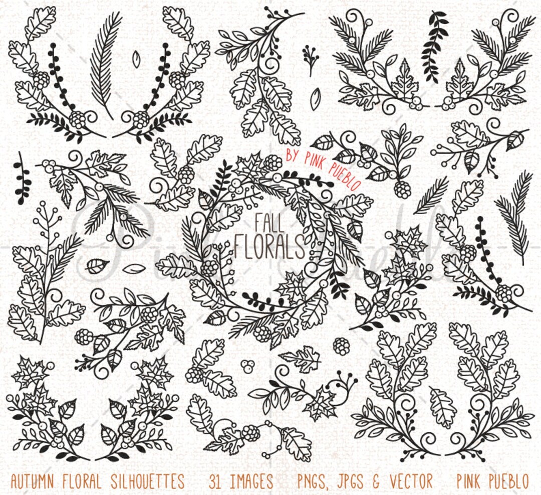 Thanksgiving Floral Silhouettes Clipart Clip Art, Autumn Fall Laurel ...