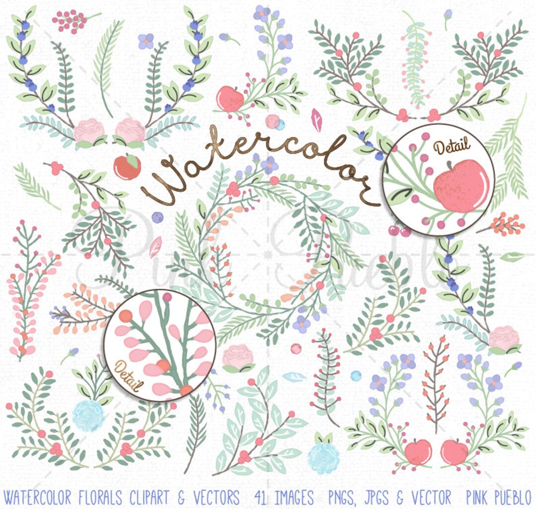 Watercolor Floral Clipart Clip Art, Vintage Rustic Wedding Laurel ...