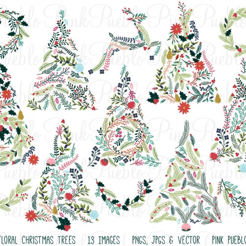 Floral Christmas Tree Clipart Clip Art Christmas Holiday - Etsy