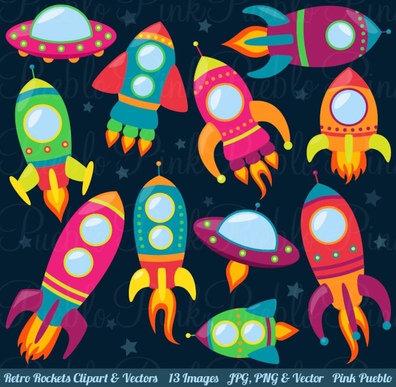 Retro Rockets Clip Art Clipart Spaceship Rocketship Space - Etsy Canada
