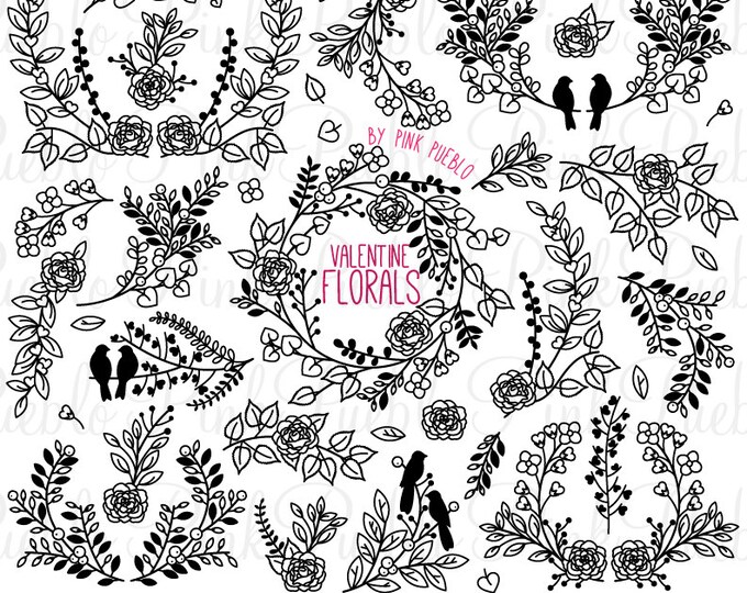 Vintage Valentine's Day Floral Silhouettes Clipart Clip Art, Wedding ...