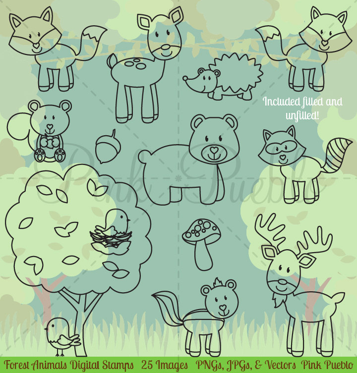 Forest Animals Digital Stamps Forest Animal Clip Art Forest - Etsy